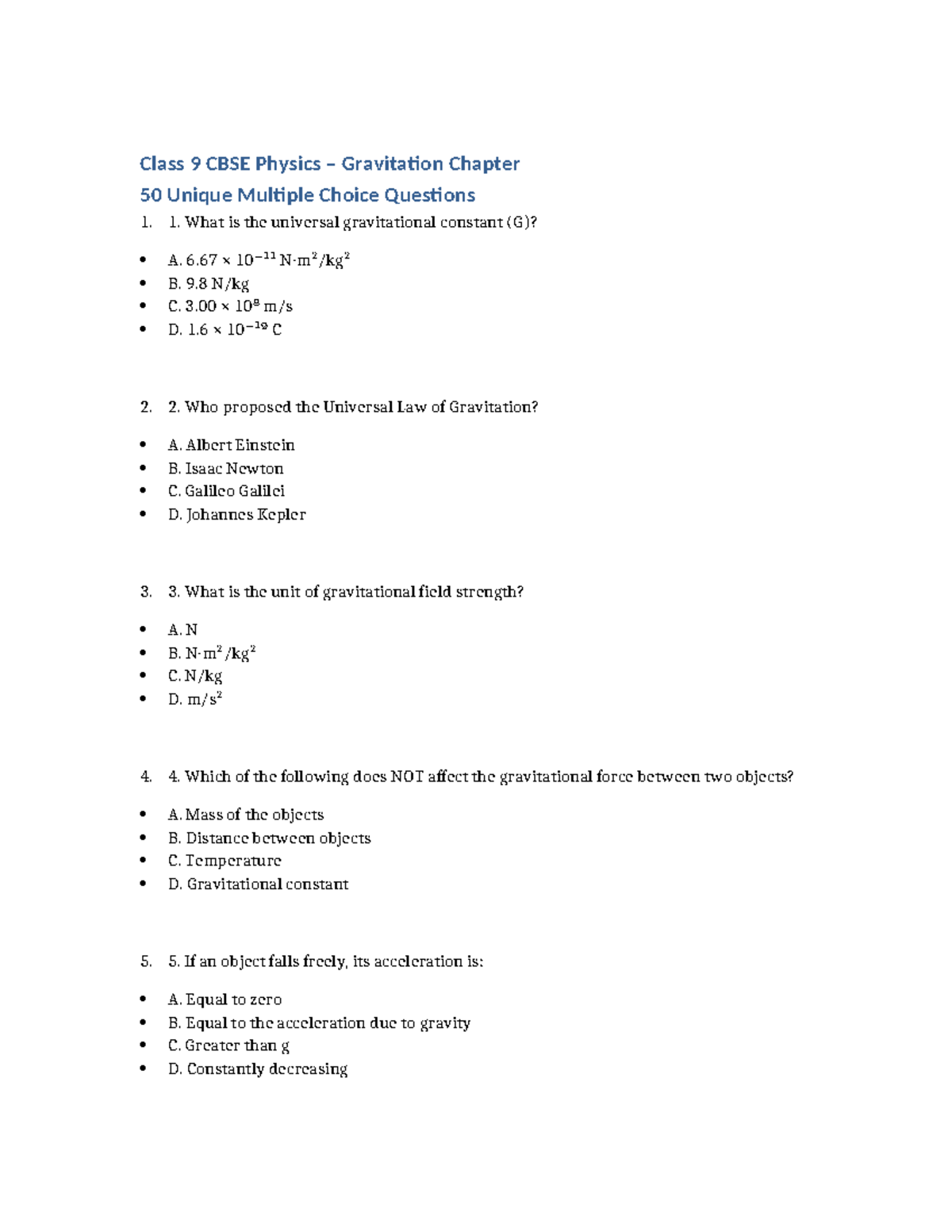 Class 9 CBSE Physics Gravitation 50 Corrected MCQs - Studocu