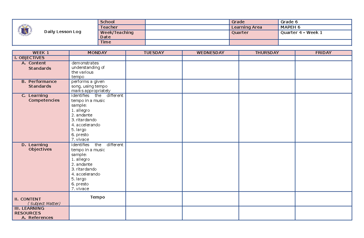 Grade-6-DLL Mapeh - Daily Lesson Log School Grade Grade 6 Teacher ...