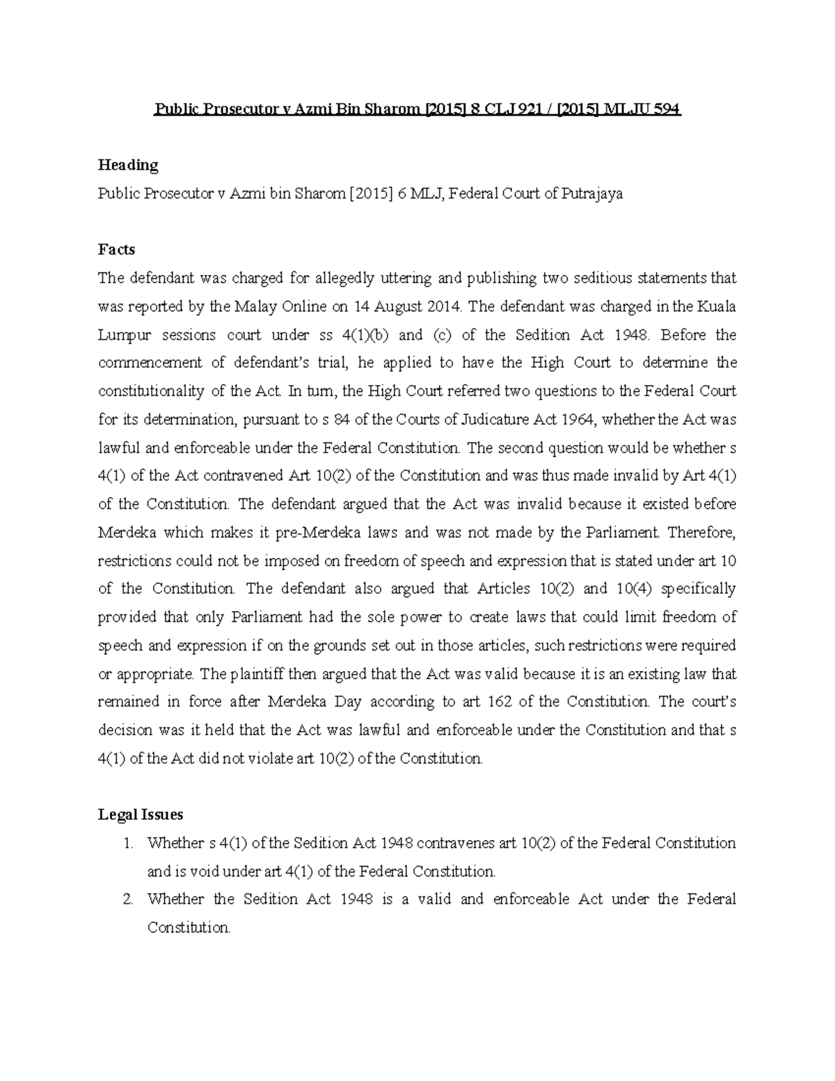 Case Review: Public Prosecutor v. Azmi Bin Sharom [2015] 8 CLJ 921 ...