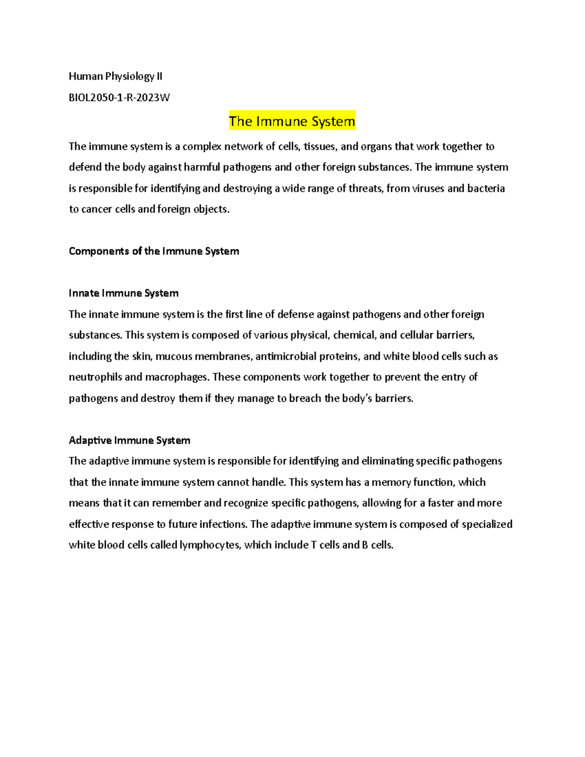 Human Physiology II (BIOL2050): Overview of the Immune System - Studocu