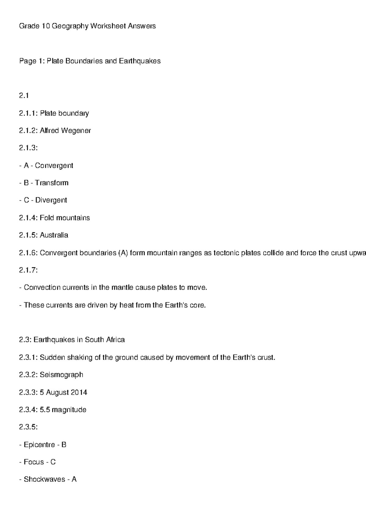 Grade 10 Geography Worksheet Answers: Plate Boundaries & Earthquakes ...