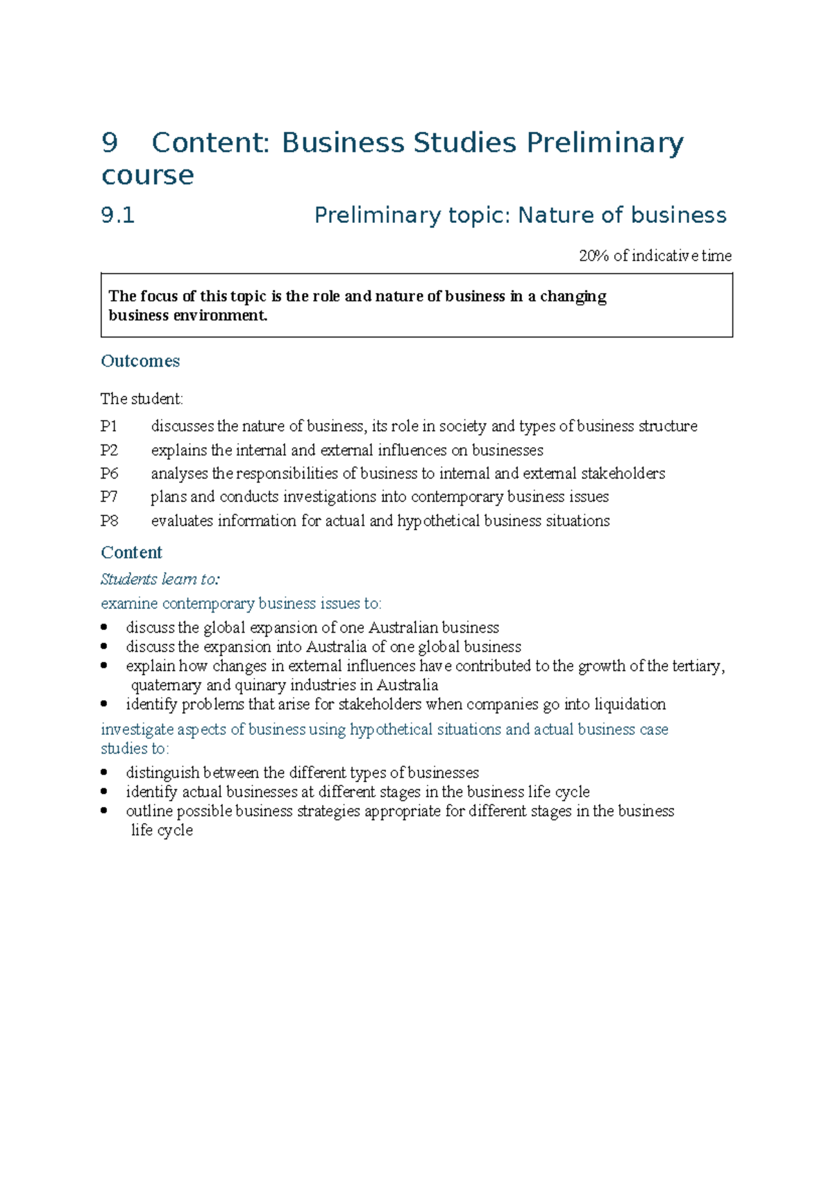 Business Studies Preliminary Course 9: Nature & Planning of Business ...