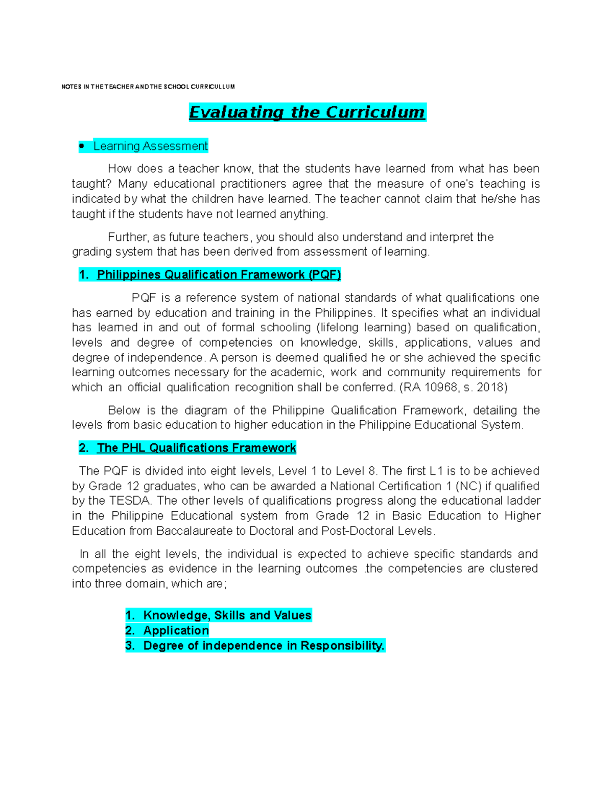 Philippines Qualification Framework (PQF) - NOTES IN THE TEACHER AND ...