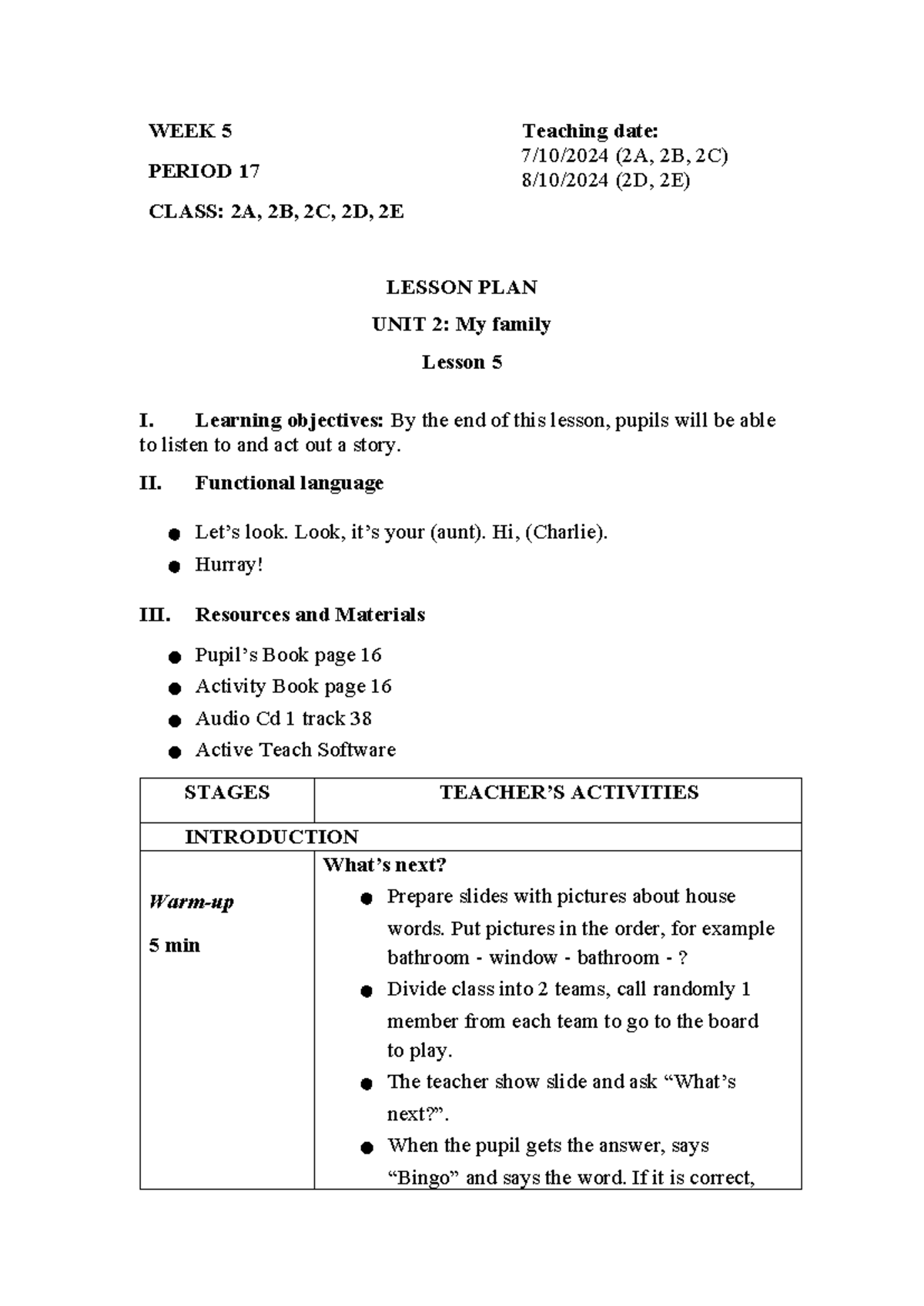 English 2 Week 5 Lesson Plan: My Family Activities & Objectives - Studocu