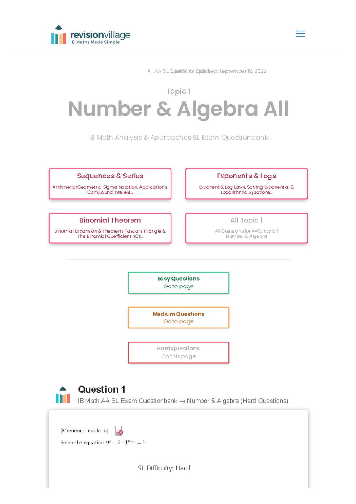 Revision Village IB Math AA SL Hard Difficulty Questionbank: Number ...