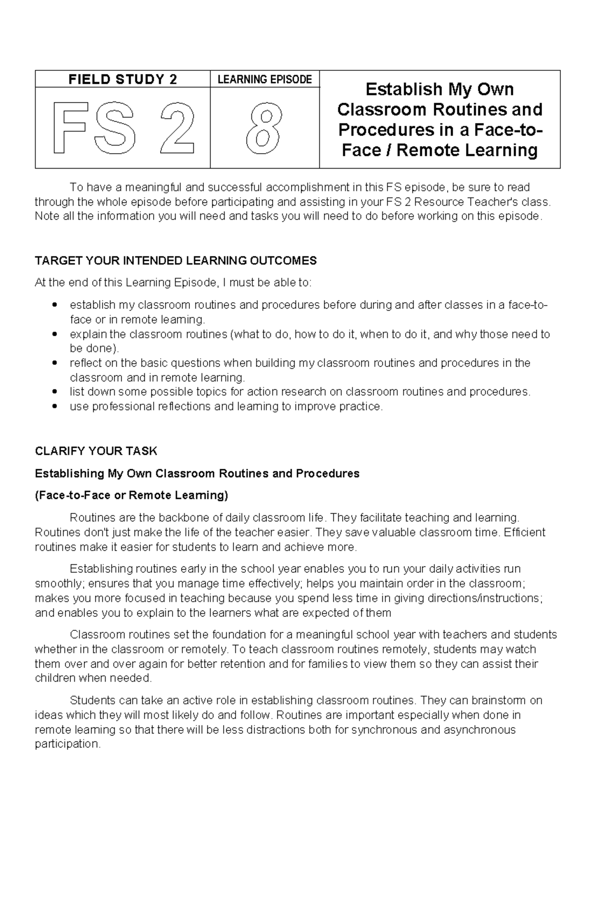 FS2 - Establishing Classroom Routines in Face-to-Face or Remote ...