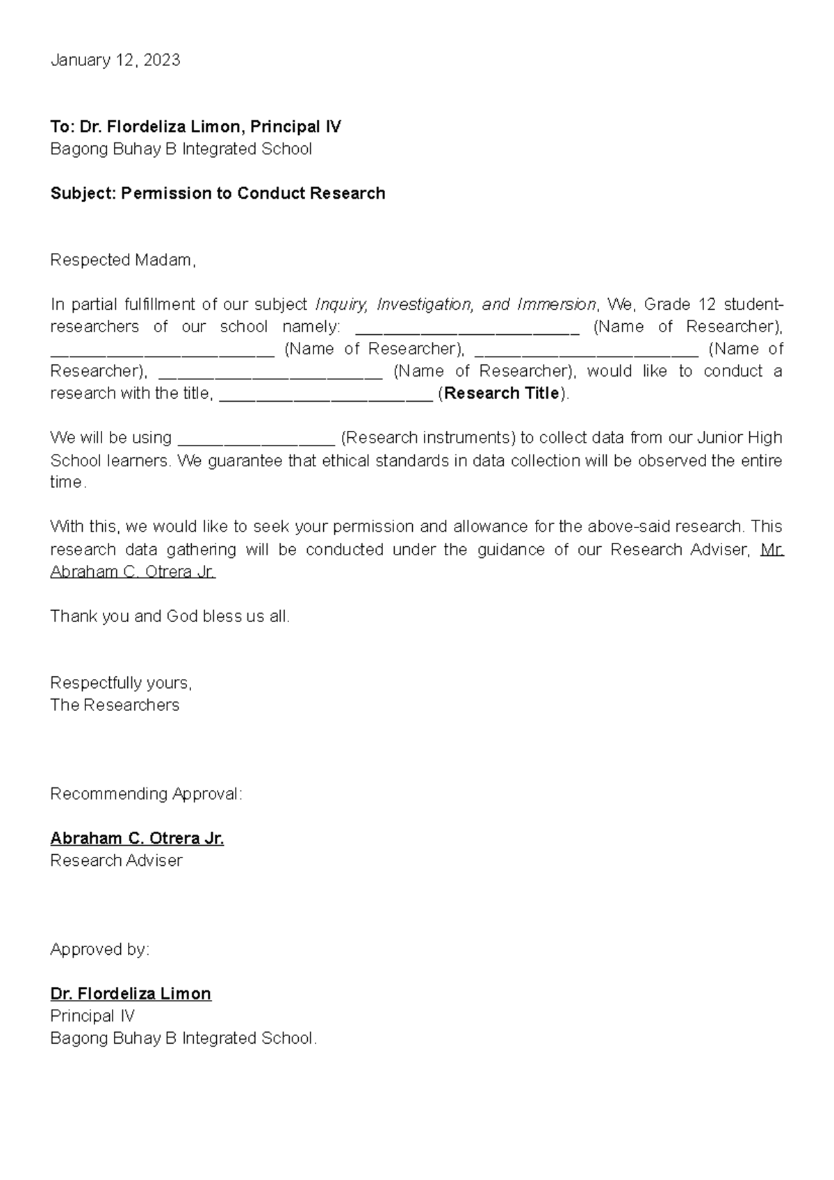Research Permission Request for Inquiry & Investigation (Grade 12 ...