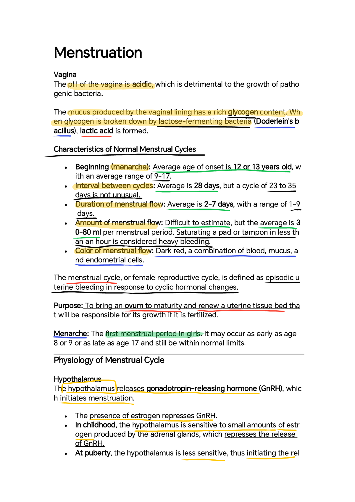 Menstruation - Notes on Cycle Physiology and Characteristics - Studocu