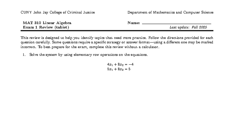MAT 310 Linear Algebra Exam 1 Review - Fall 2025 - Studocu