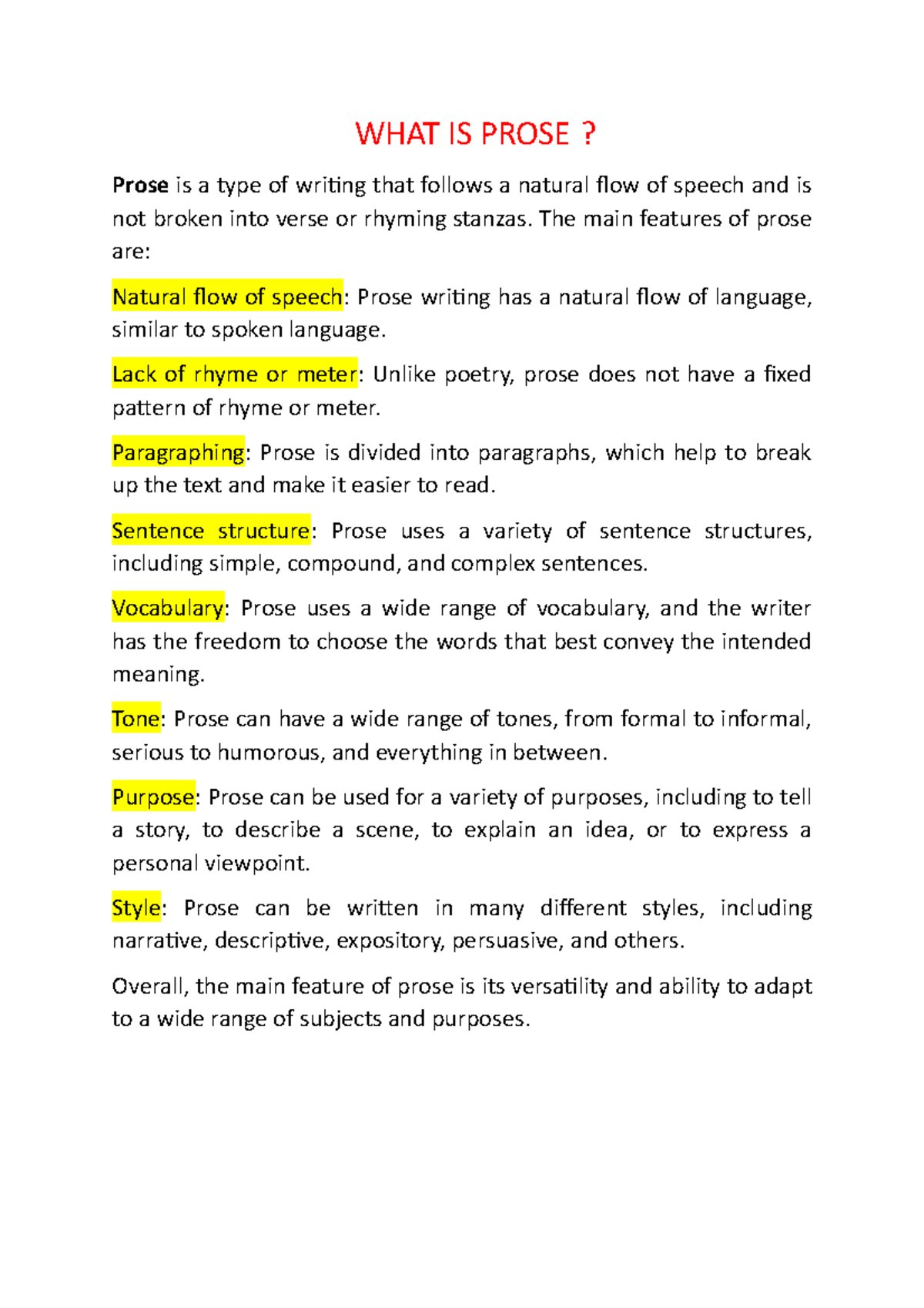 Prose LECTURE NOTES - WHAT IS PROSE? Prose is a type of writing that ...