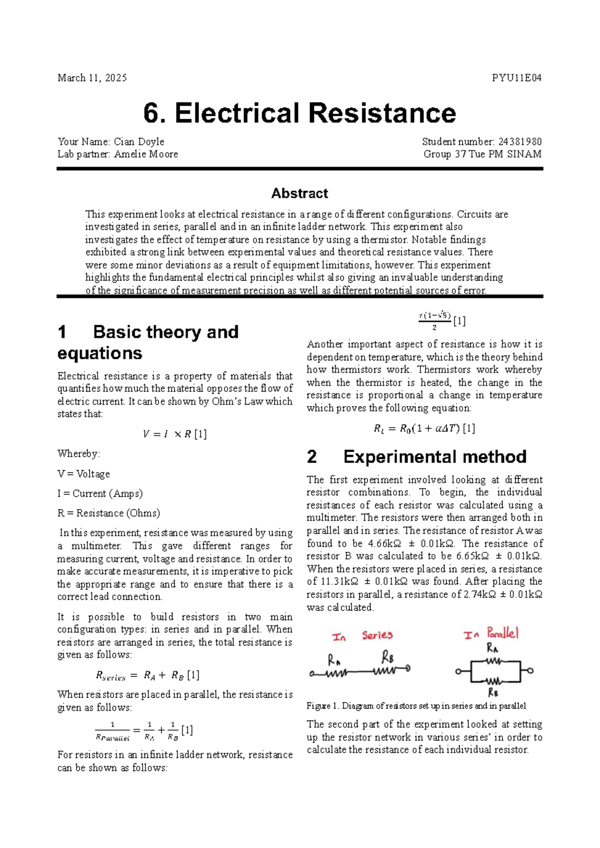 Lab Report on Electrical Resistance Experiments (PYU11E) - Studocu