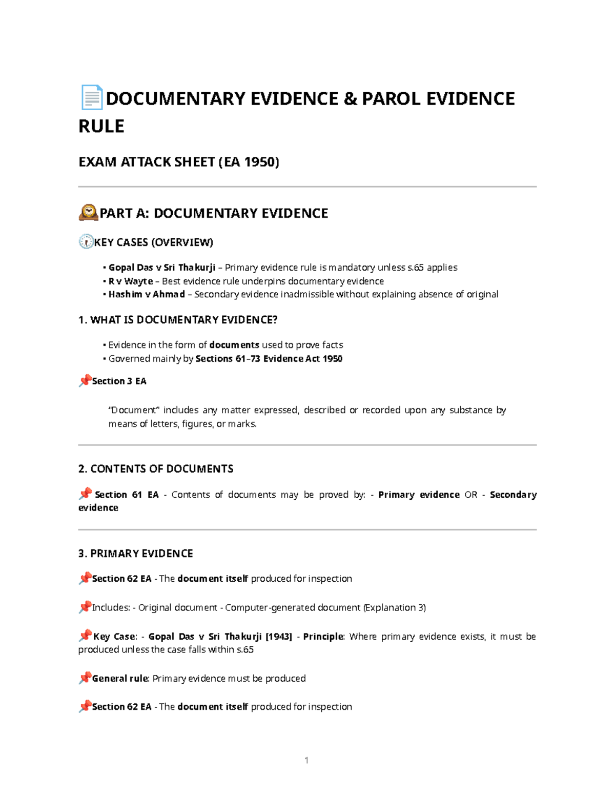 Documentary Evidence & Parol Evidence Exam Attack Sheet (EA 1950) - Studocu