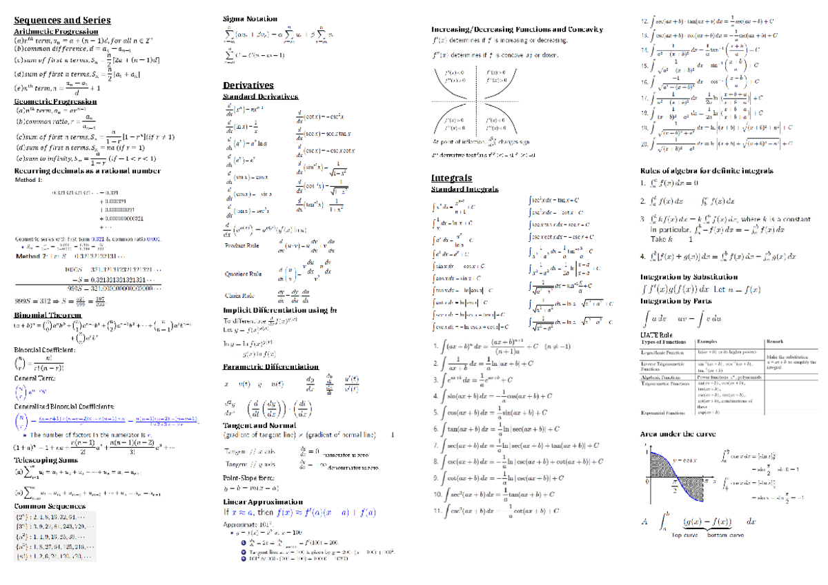 MA1301 Final Exam Cheat Sheet: Sequences, Derivatives, and Vectors - Studocu