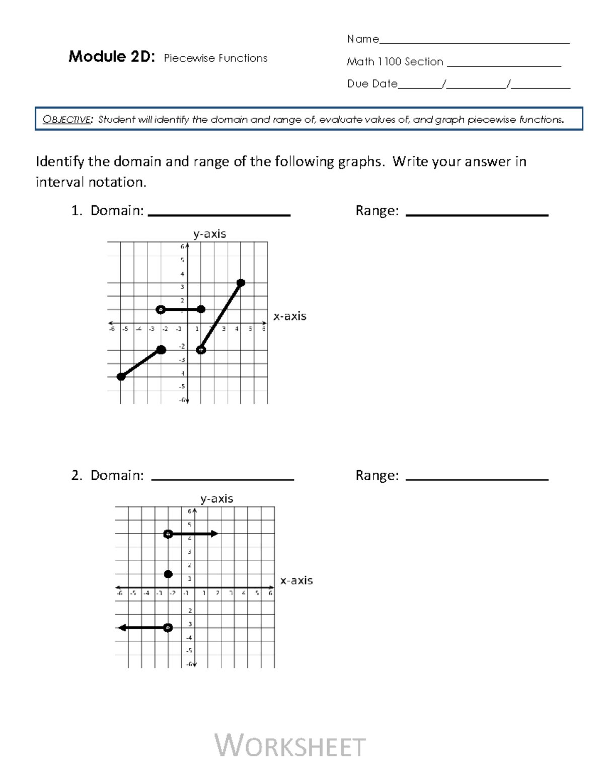 Math 1100 Worksheet: Module 2D - Evaluating Piecewise Functions - Studocu