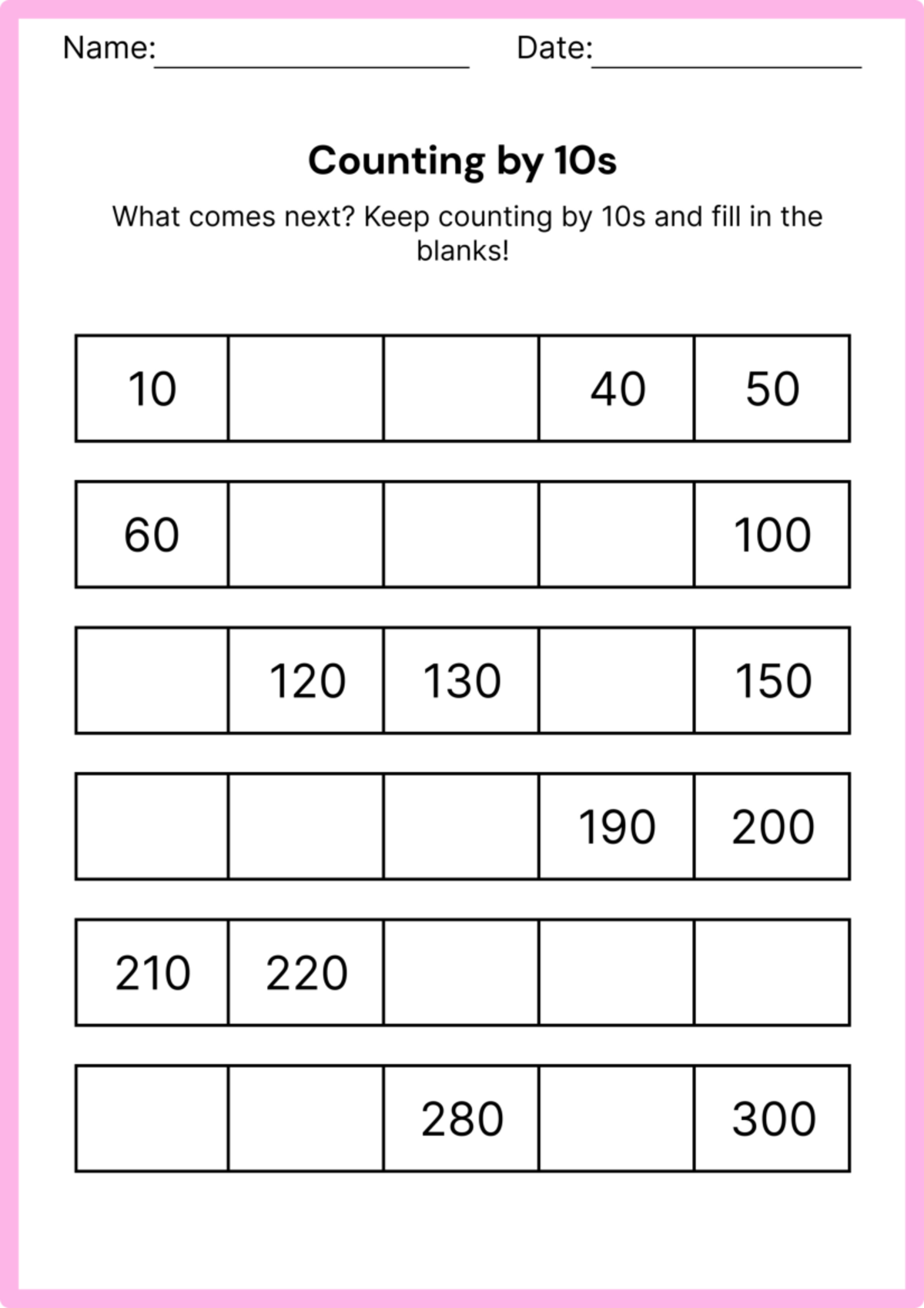 Counting by 10s Practice Worksheet – Version 2 - Name: Date: Counting ...