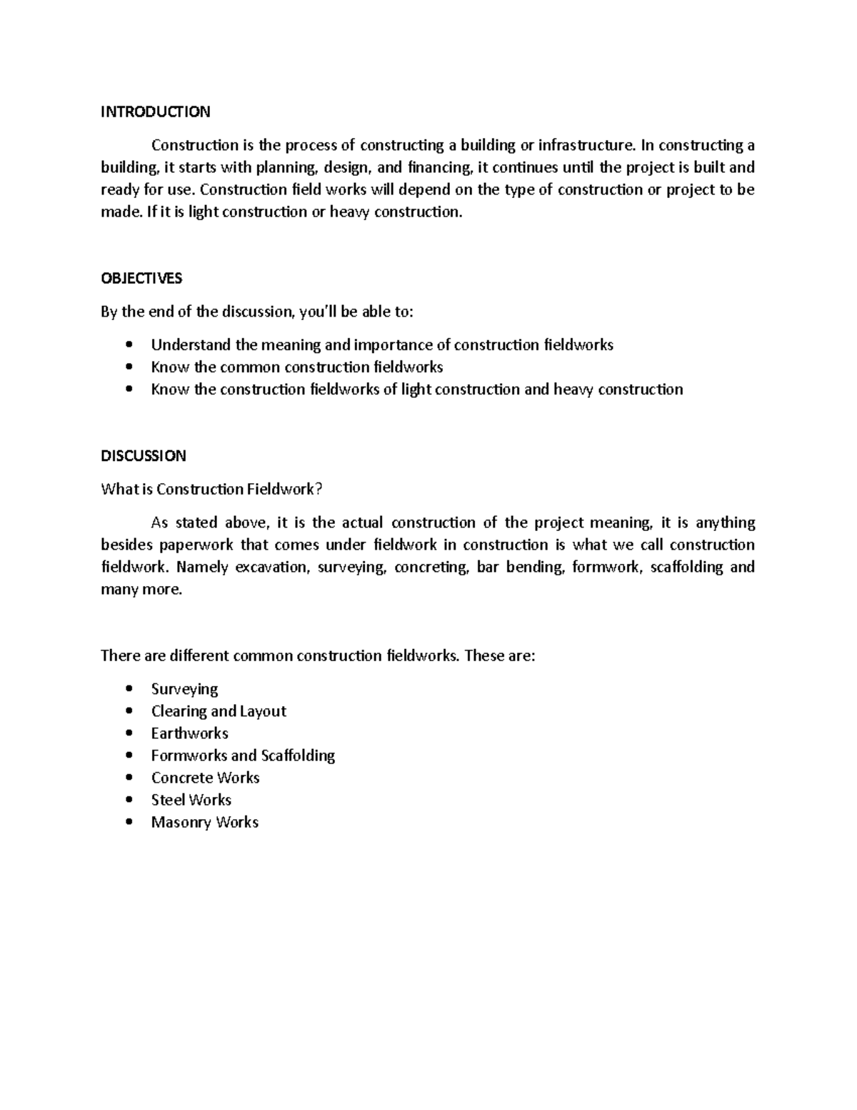 Construction Fieldworks Overview and Techniques in Engineering - Studocu