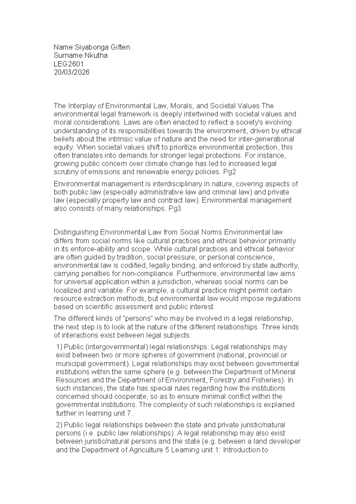 LEG2601 Environmental Law: Interplay of Morals & Societal Values - Studocu