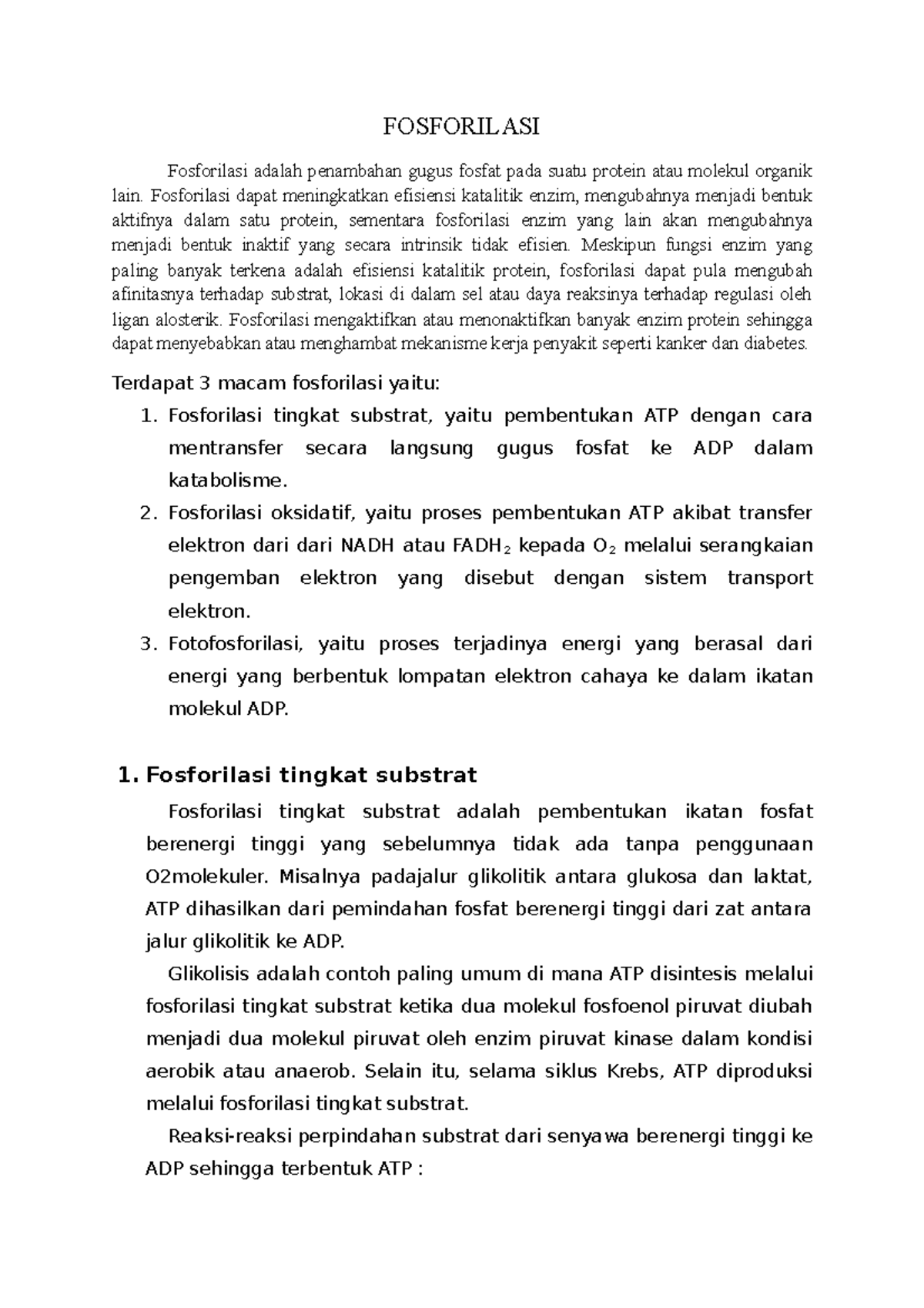 Fosforilasi: Proses, Jenis, dan Fungsi dalam Metabolisme Biokimia - Studocu