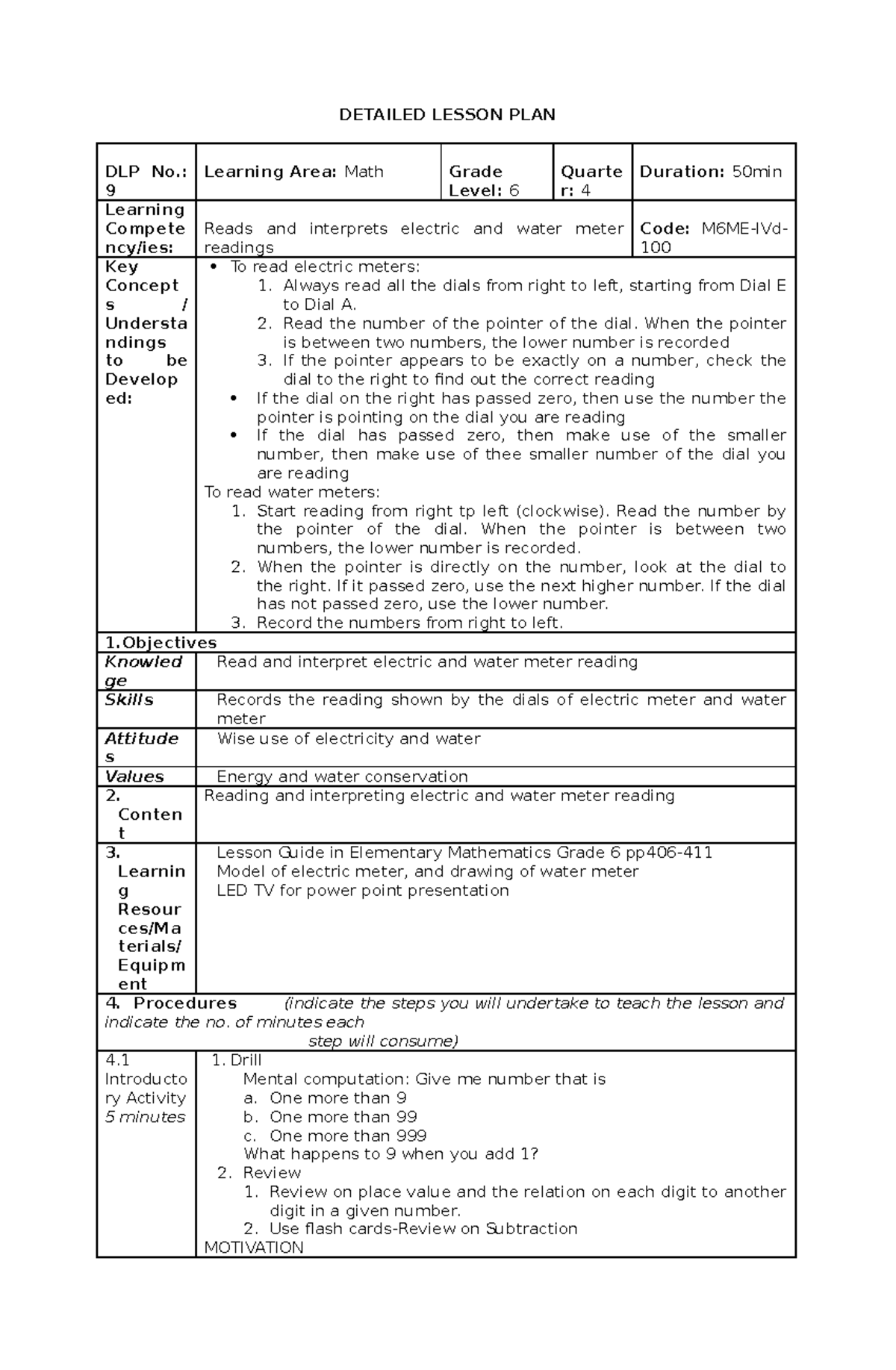 DLP M6 Mathematics Lesson Plan: Reading Electric & Water Meters - Studocu