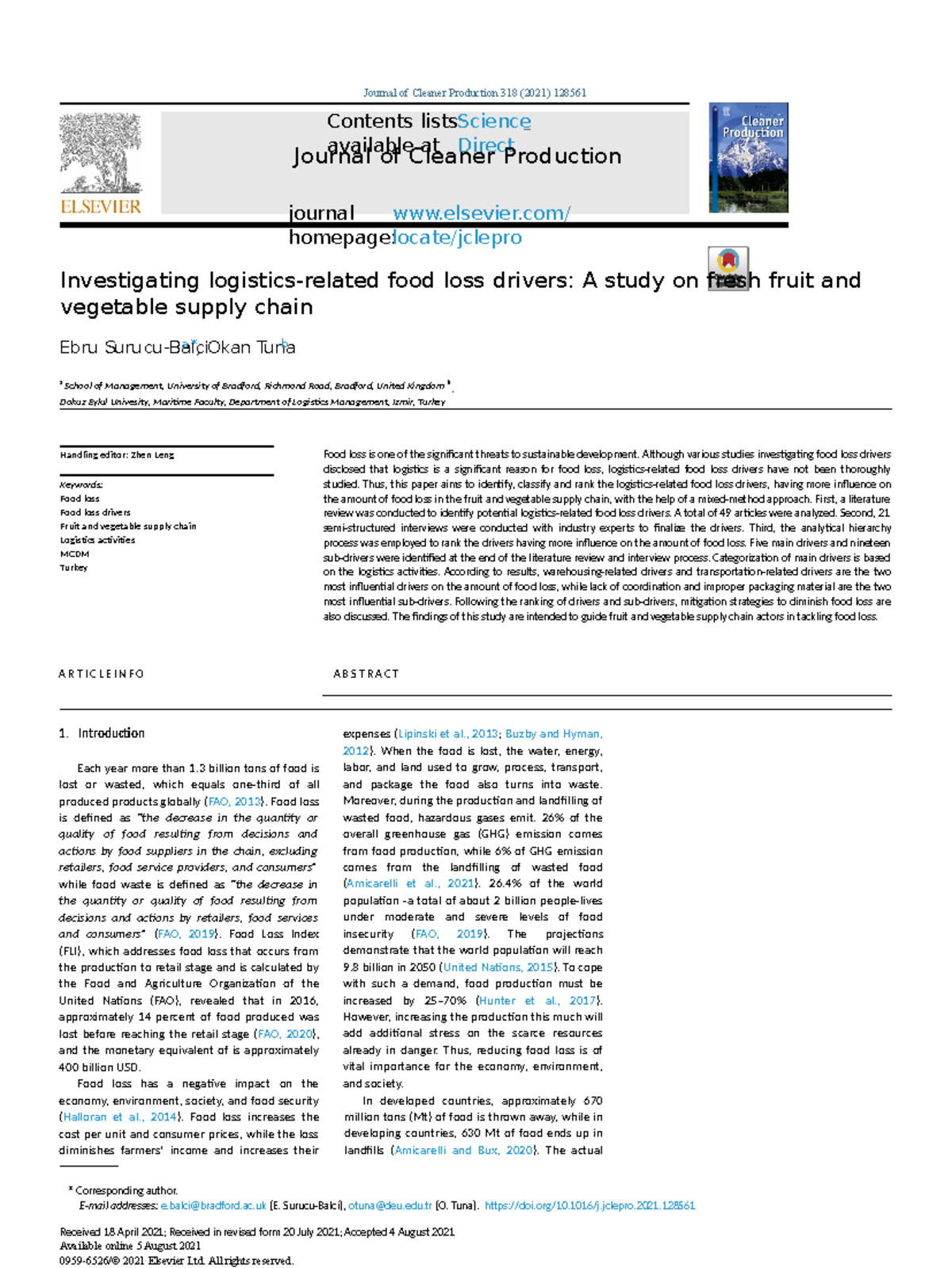 Balci (2021) Investigating logistics-related food loss drivers A study ...