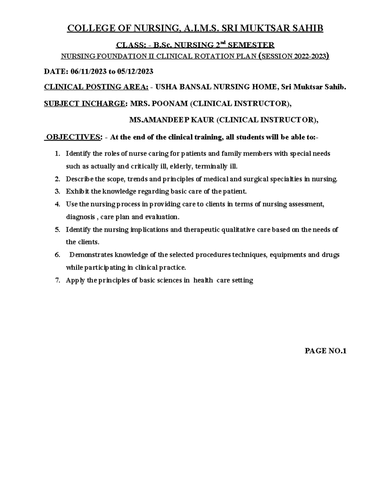 Nursing Foundation II Clinical Rotation Plan (B.Sc.N 2nd Sem) 2022-2023 ...