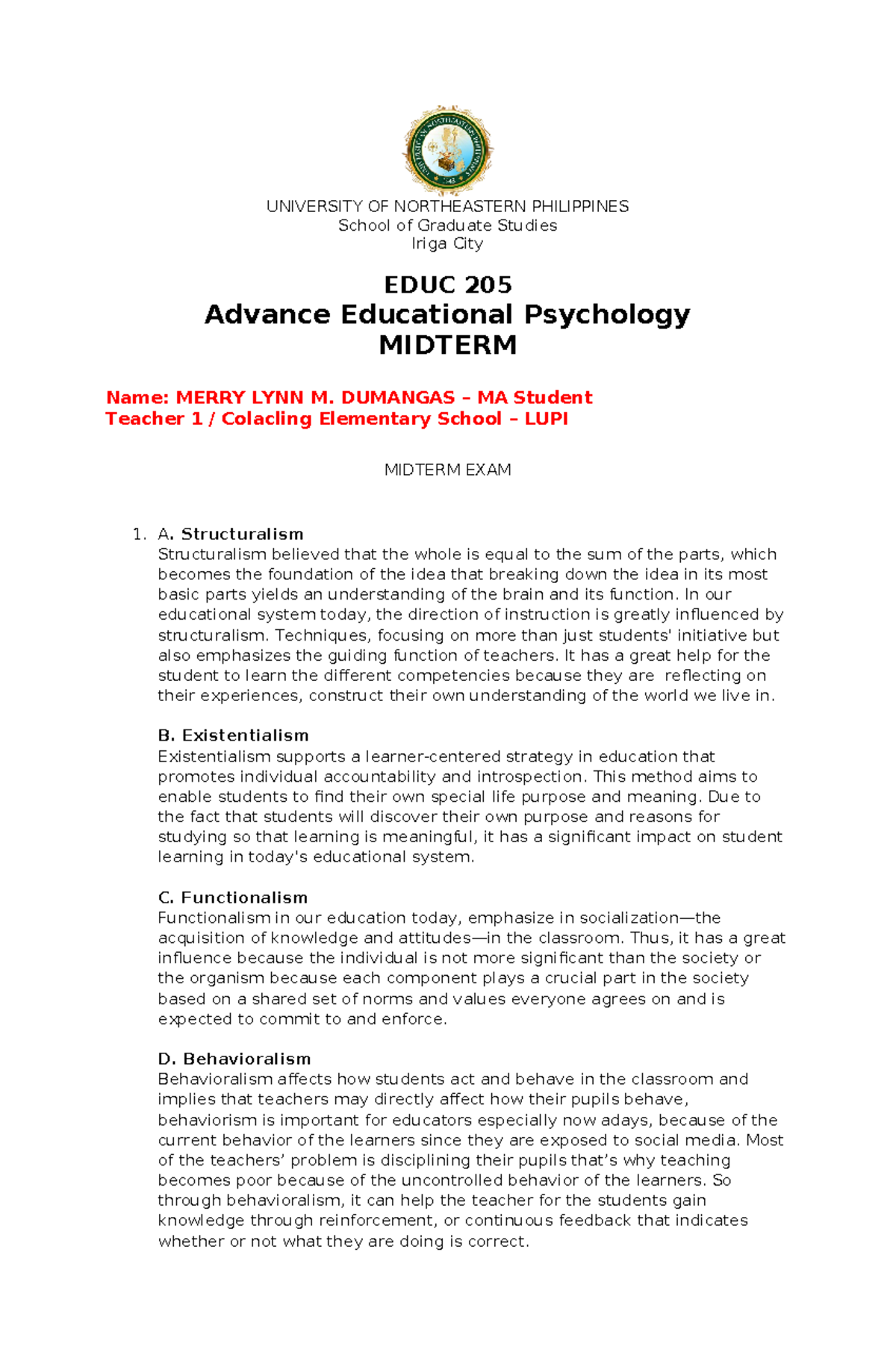 Educ 205 - Midterm Exam Notes on Advanced Educational Psychology - Studocu