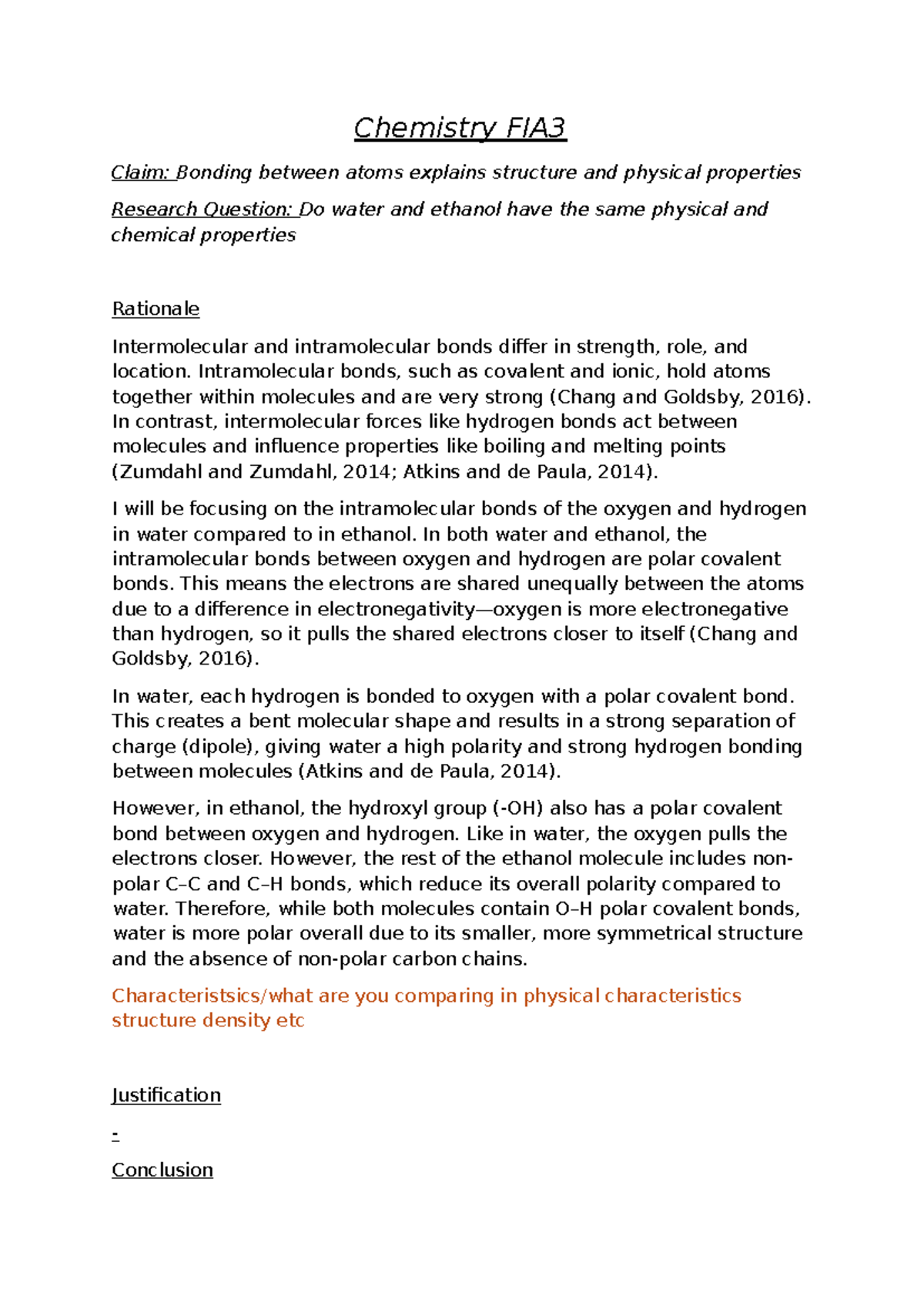 Chemistry FIA3 - Comparing Bonding and Properties of Water vs. Ethanol ...