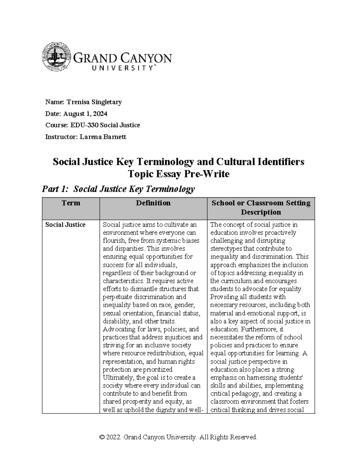 EDU 330 T1 Social Justice Key Terms & Cultural Identifiers Pre-Writing ...