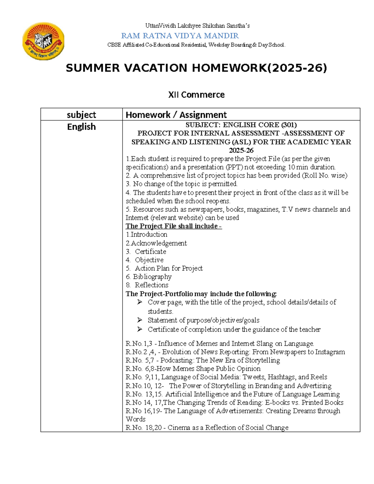 Summer Vacation Homework Assignment for XII Commerce (301) - Studocu