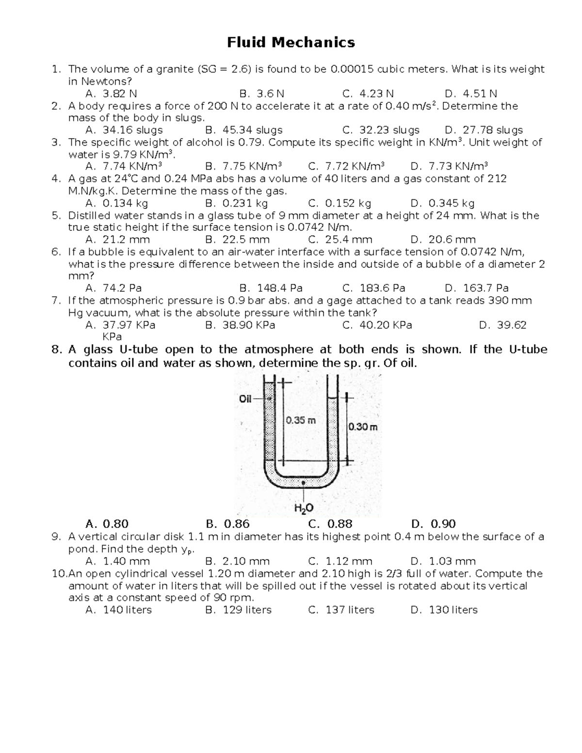 Fluid Mechanics 1: Problem Set and Solutions - Studocu