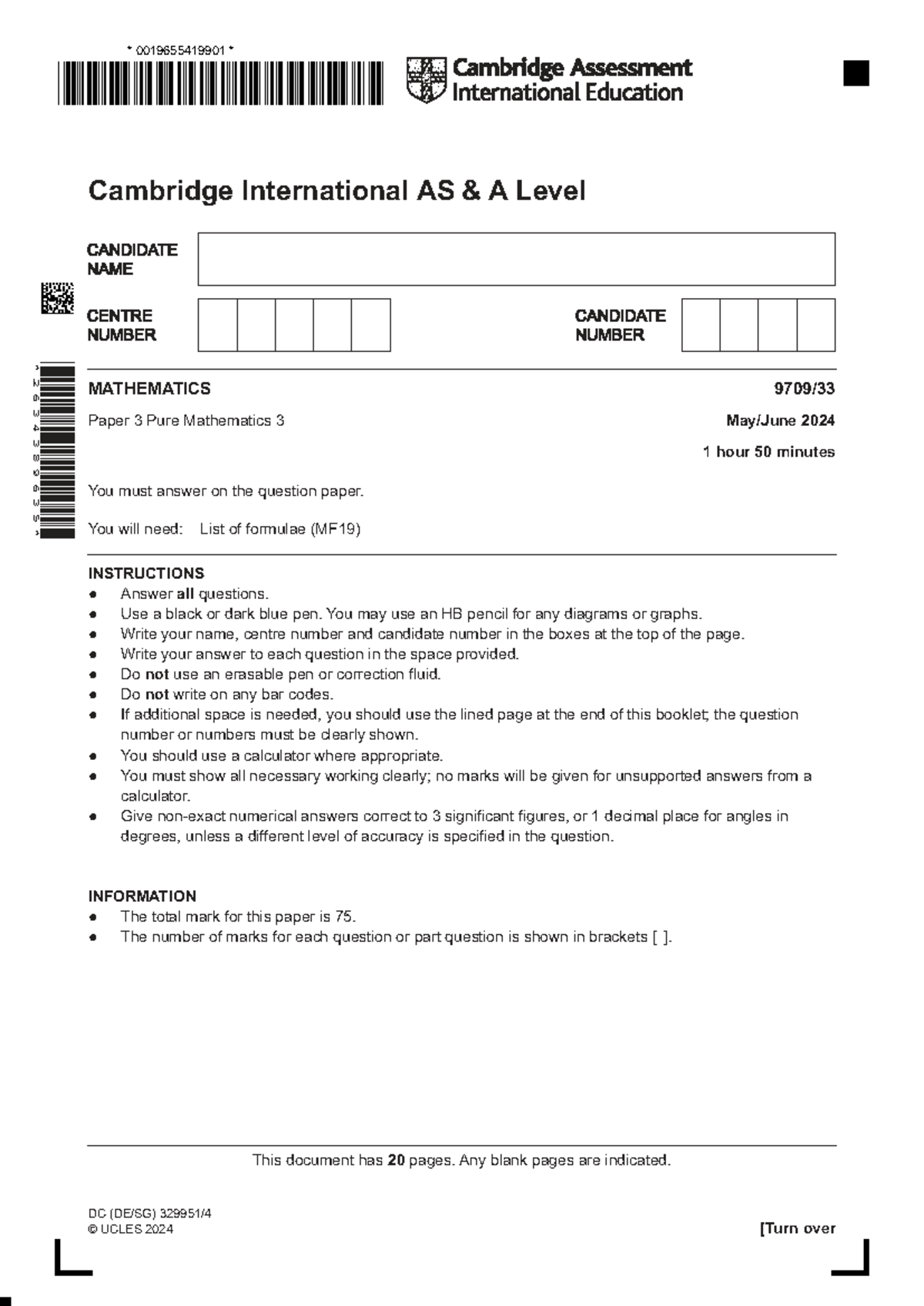Cambridge International AS A Level 9709 Mathematics Paper 3 Pure ...