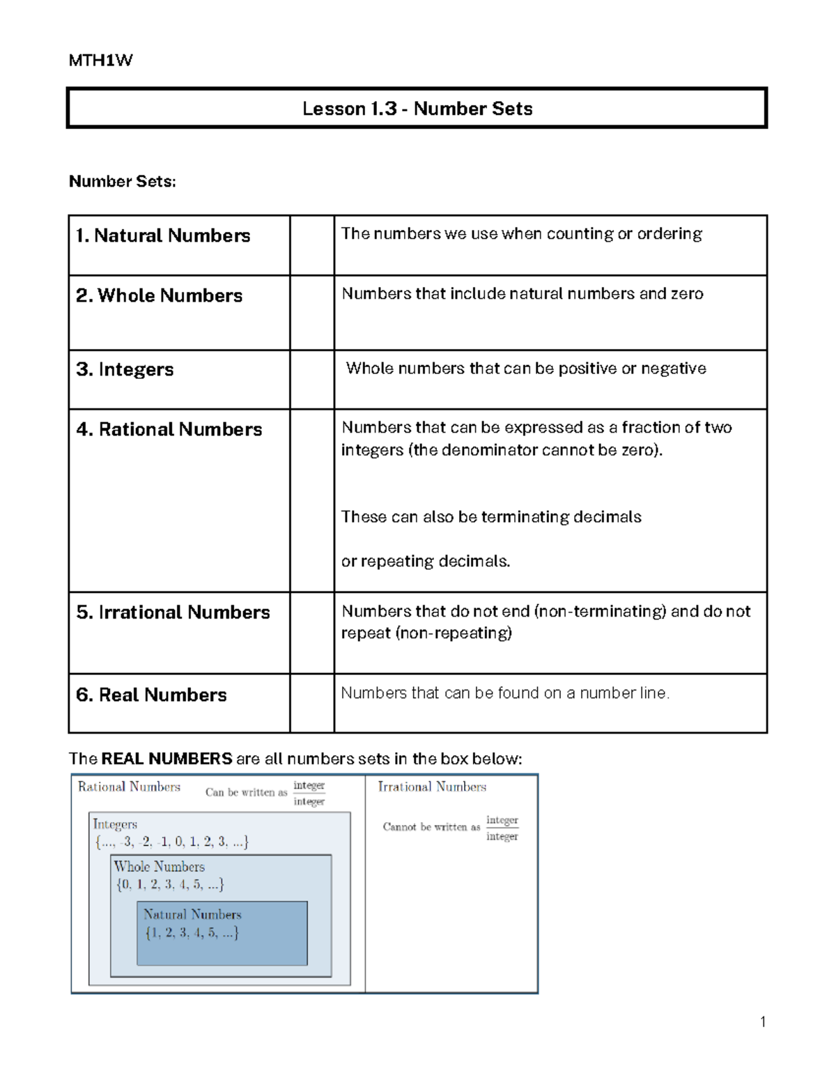 1.3 Number Sets - math practice - MTH1W Lesson 1 - Number Sets Number ...