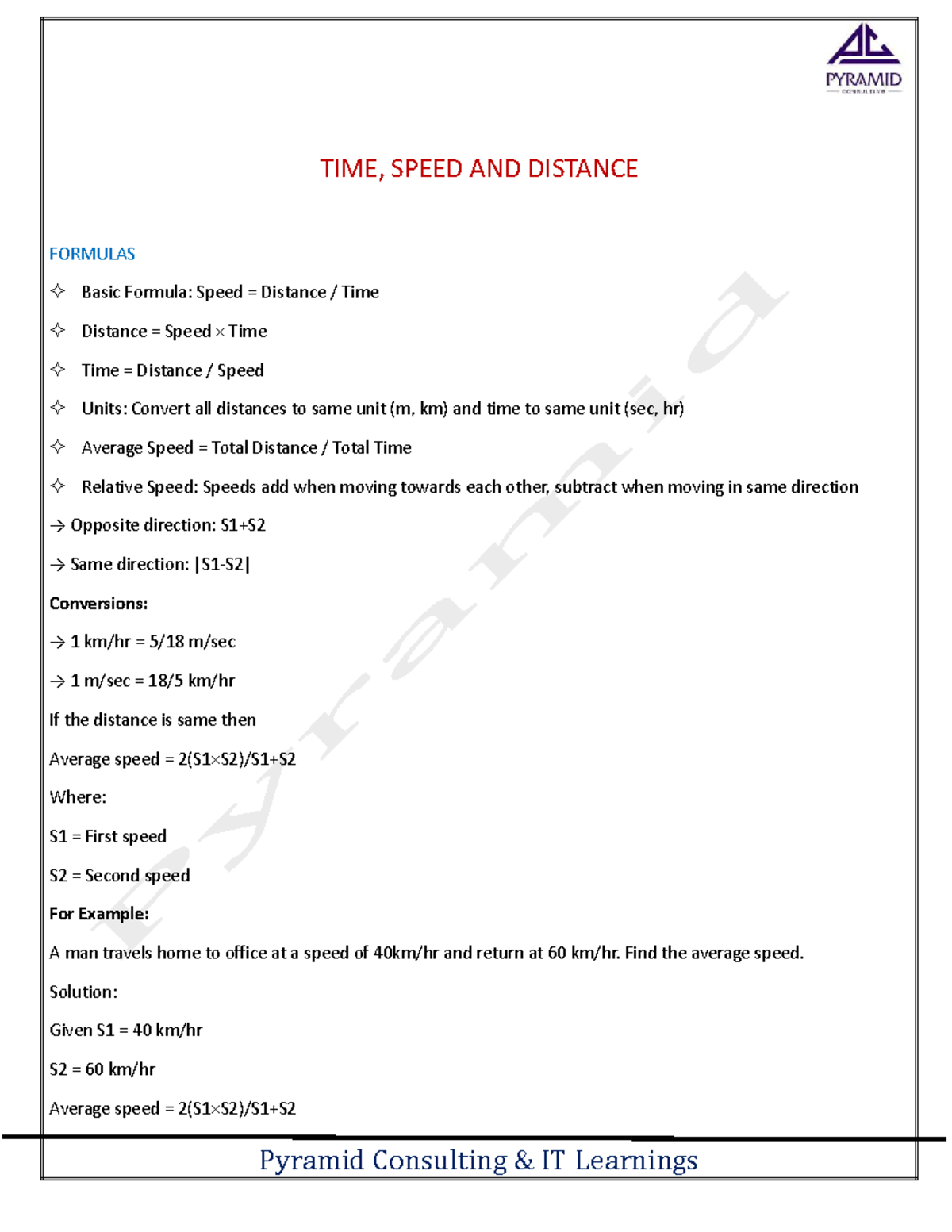 TIME, SPEED AND DISTANCE FORMULAS - Study Notes for Exam - Studocu