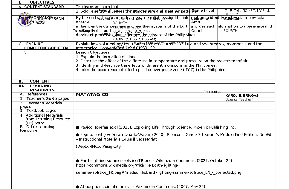 Monsoons and Solar Energy Influence - SCIENCE 7 Lesson Notes - Studocu