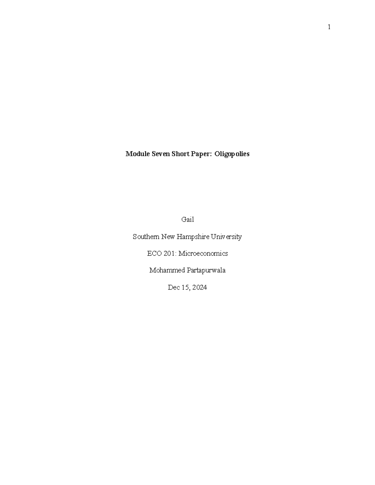 ECO OLI Paper - Module Seven Short Paper: Oligopolies Gail Southern New ...