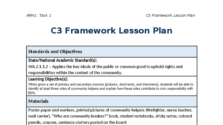 ARN1: Task 1 C3 Framework Lesson Plan on Community Helpers - Studocu