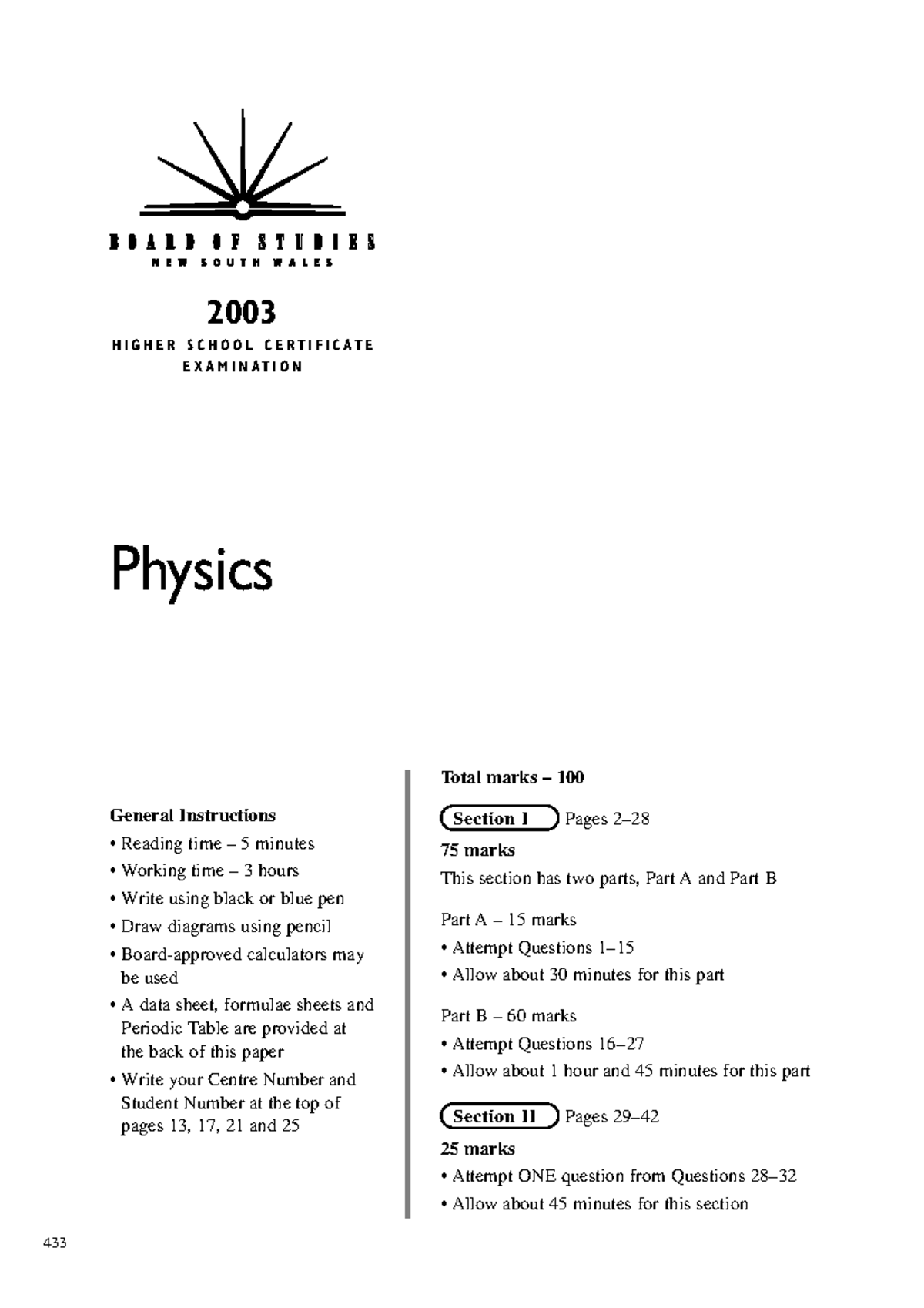 Physics 2003 HSC Exam - Total Marks 100 - Studocu