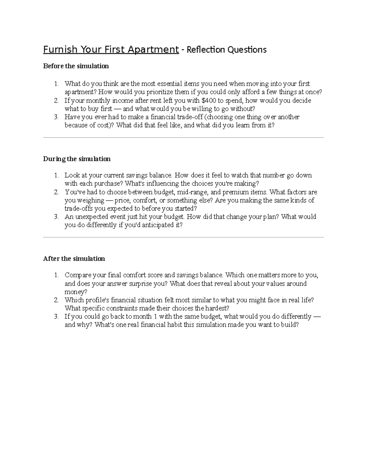 Furnish Your First Apartment Reflection Questions: A Guide - Studocu