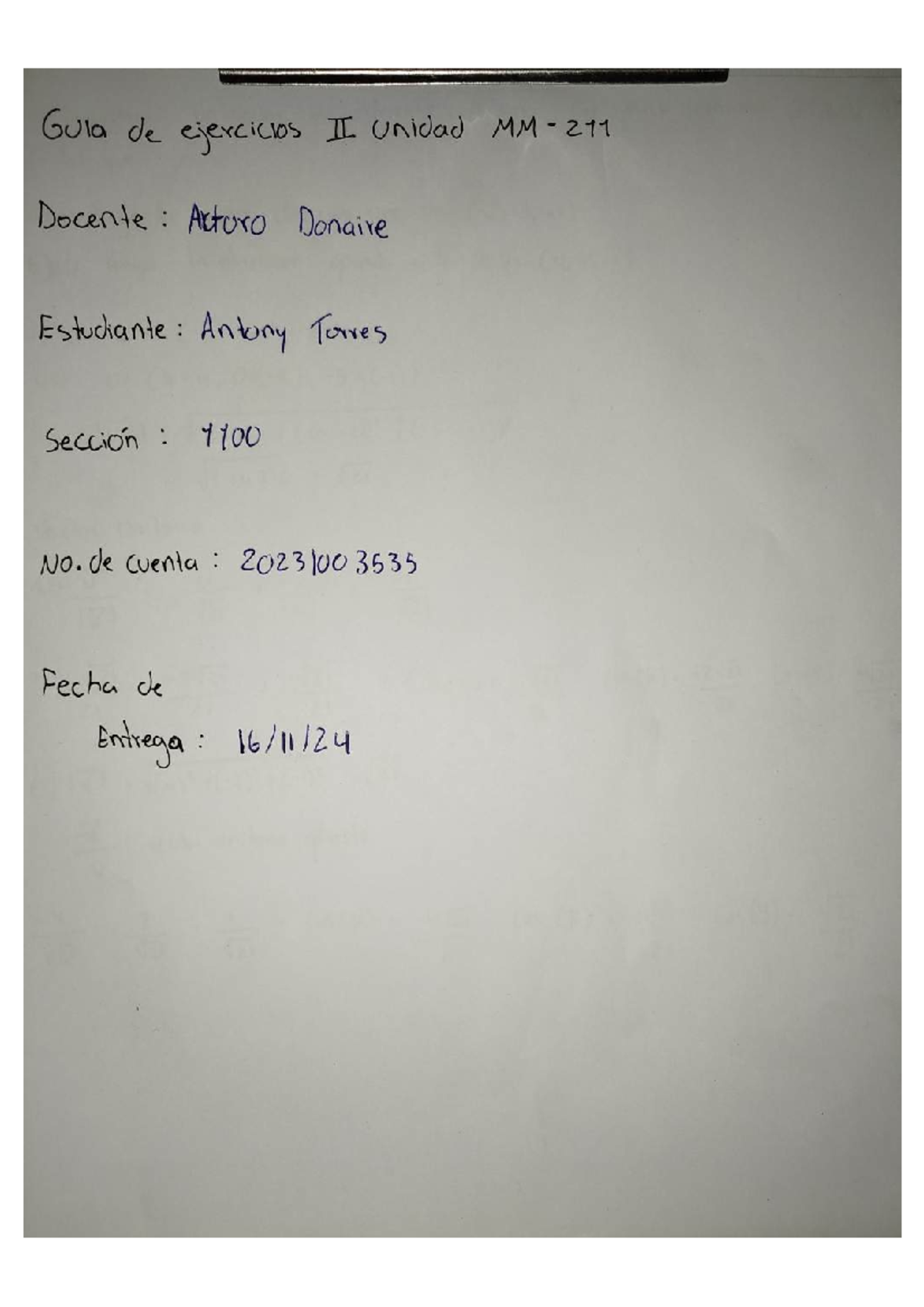 Guia de ejercicios -unidad, Antony Torres - Gula de ejerciclos II unidad MM 211 Docente : Acturo ...