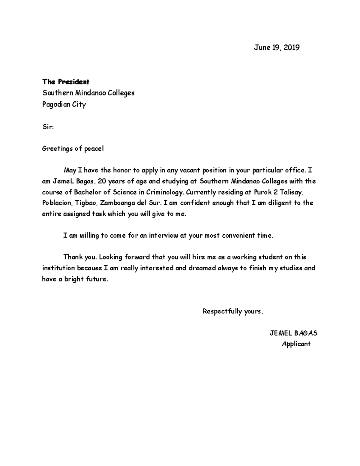 Application Letter for Employment - JemeL Bagas - Criminology Student ...