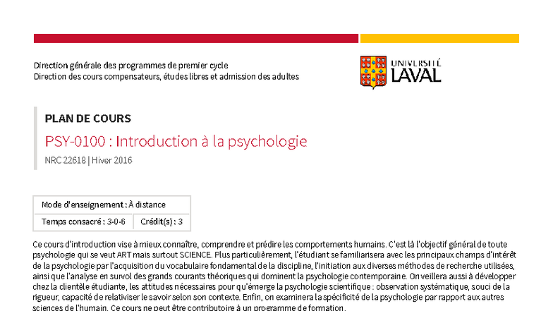 Plan de Cours : Introduction à la Psychologie NRC 22618 Hiver 2016 ...