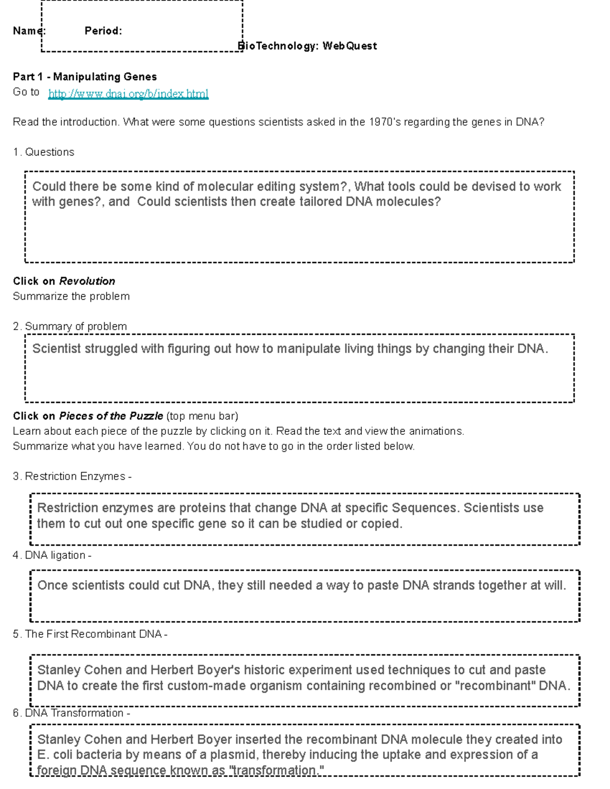 BioTechnology: WebQuest Part 1 - Manipulating Genes and DNA Techniques ...
