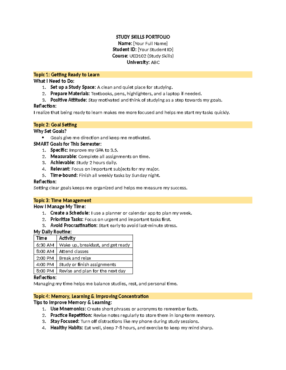 Study Skills Portfolio Outline - STUDY SKILLS PORTFOLIO Name: [Your ...