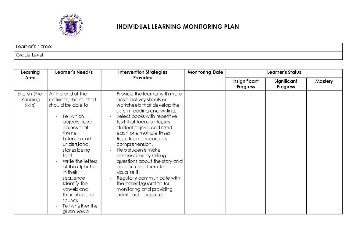 ILMP Checklist for Reading: Monitoring and Intervention Strategies ...