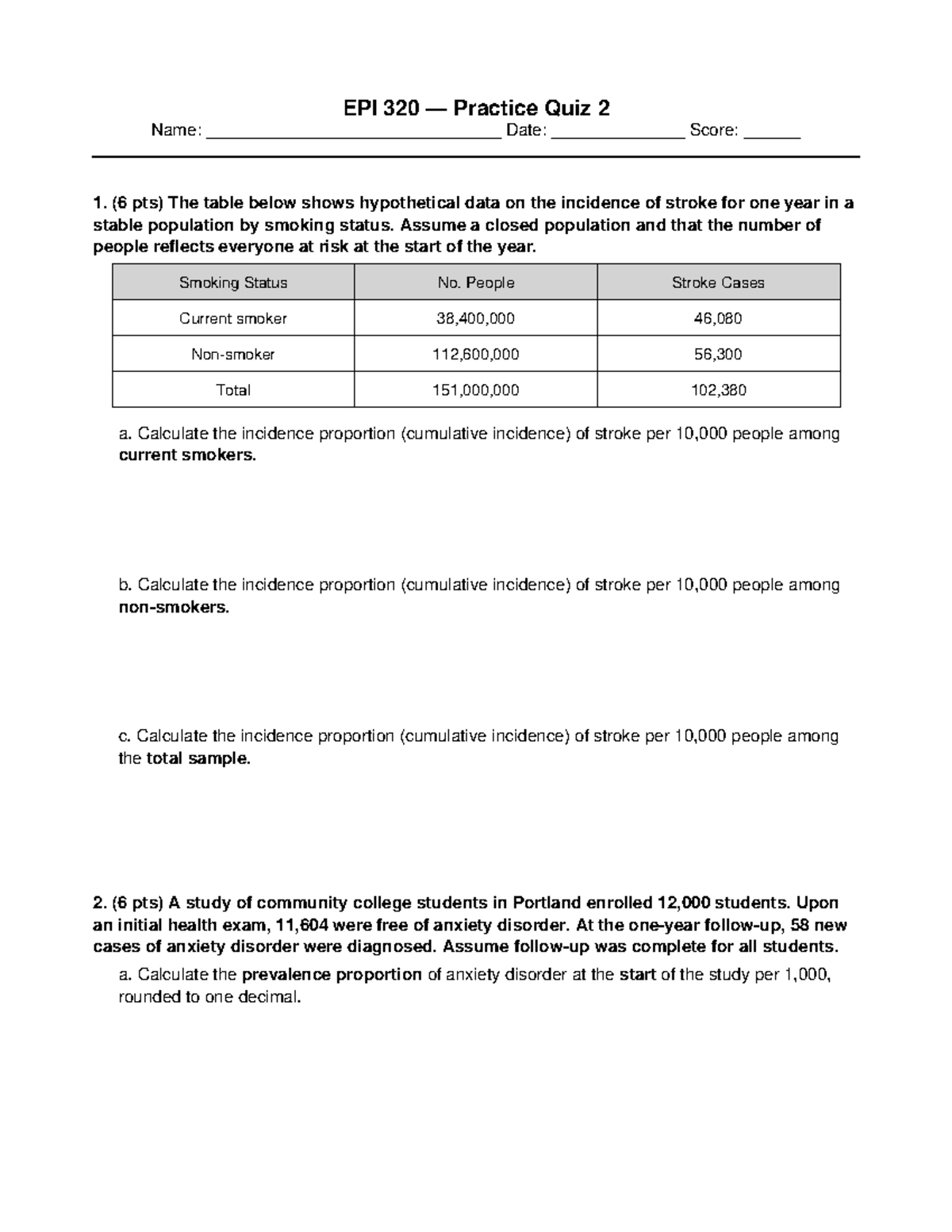 EPI 320 Practice Quiz 2: Stroke, Anxiety, and Diabetes Analysis - Studocu