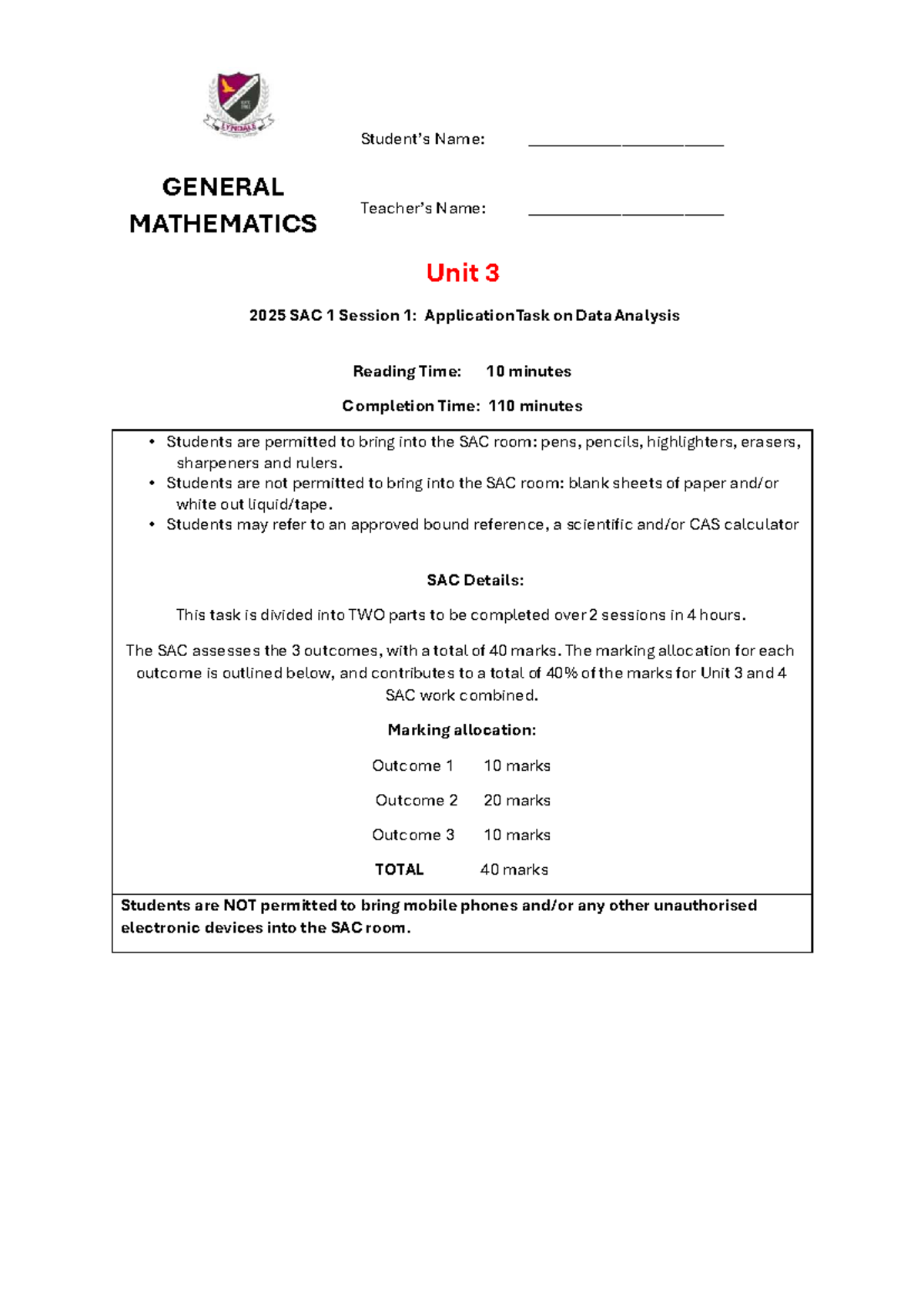 General Mathematics Unit 3 SAC 2025: Data Analysis Application Task ...