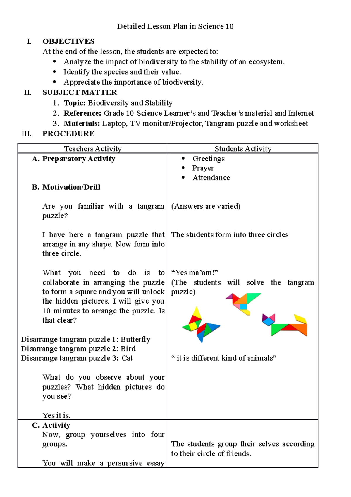Detailed Lesson Plan on Biodiversity - Science 10 Class - Studocu