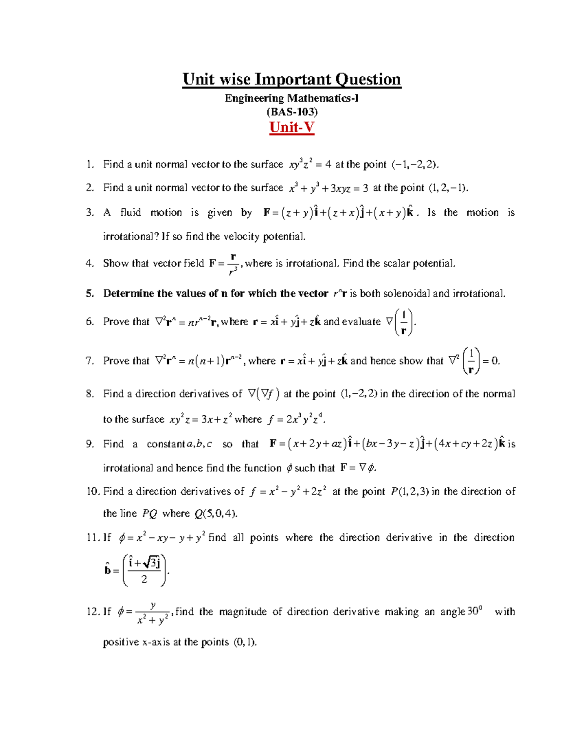 Unit Wise Important Questions for Engineering 1: Vector Calculus - Studocu