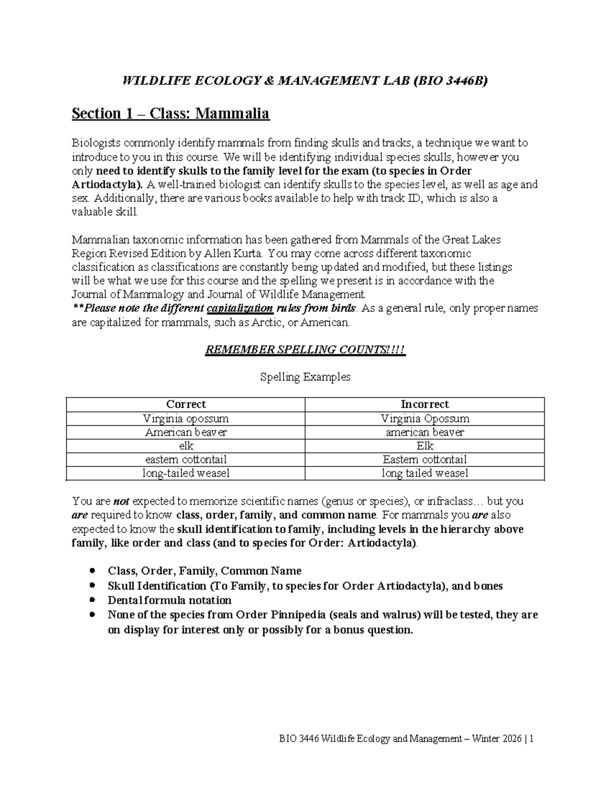 BIO 3446B Wildlife Ecology Management Lab: Mammals Identification Notes ...
