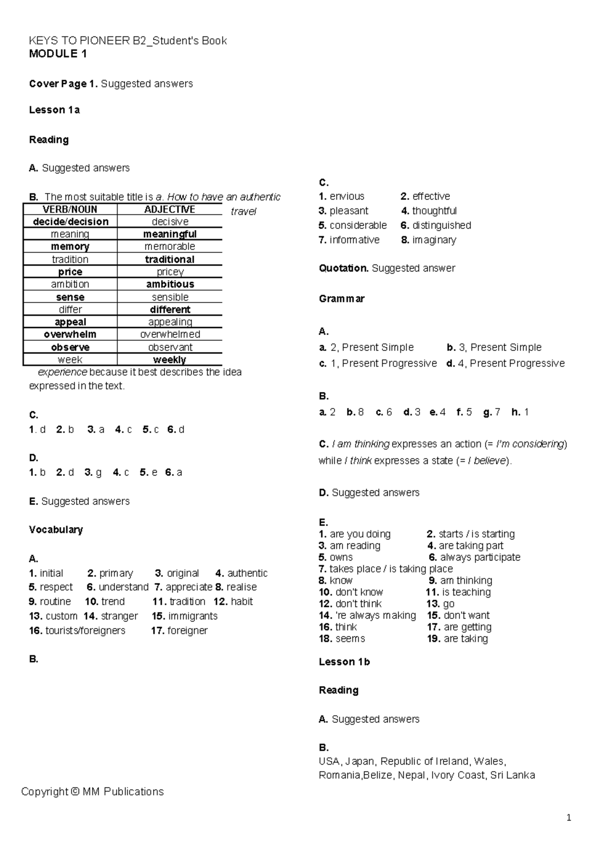 Pioneer B2 Key Answers and Study Notes for Modules 1-6 - Studocu